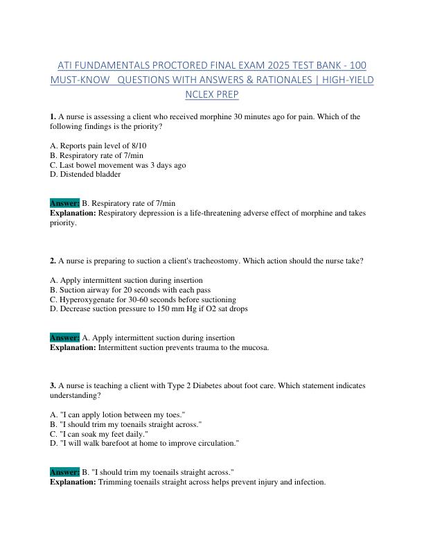 ATI FUNDAMENTALS PROCTORED FINAL EXAM 2025 TEST BANK - 100 MUST-KNOW ...